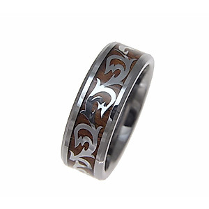 Arthur's Jewelry Genuine inlay Hawaiian koa wood shiny scroll band ring tungsten comfort fit 8mm size 9