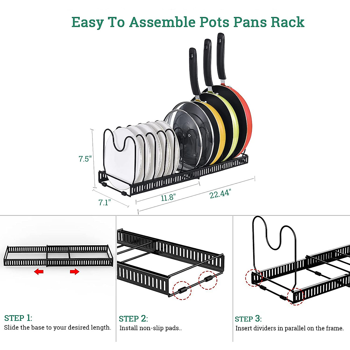 Expandable Pot and Pan Organizers for Cabinet Pot Lid Organizer Pot Rack with 10 Adjustable Dividers Pots Lid Holder Kitchen Pantry Bakeware Organizer and Storage (White)