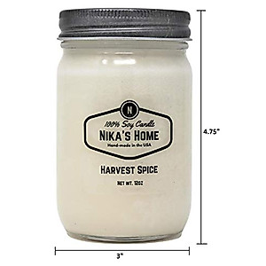 Nika's Home Harvest Spice Soy Candle 12oz Mason Jar Non-Toxic White Candle-Hand Poured Handmade, Clean Long Burning 50-60 Hours Highly Scented Pumpkin All Natural, Pumpkin Spice Gift Décor