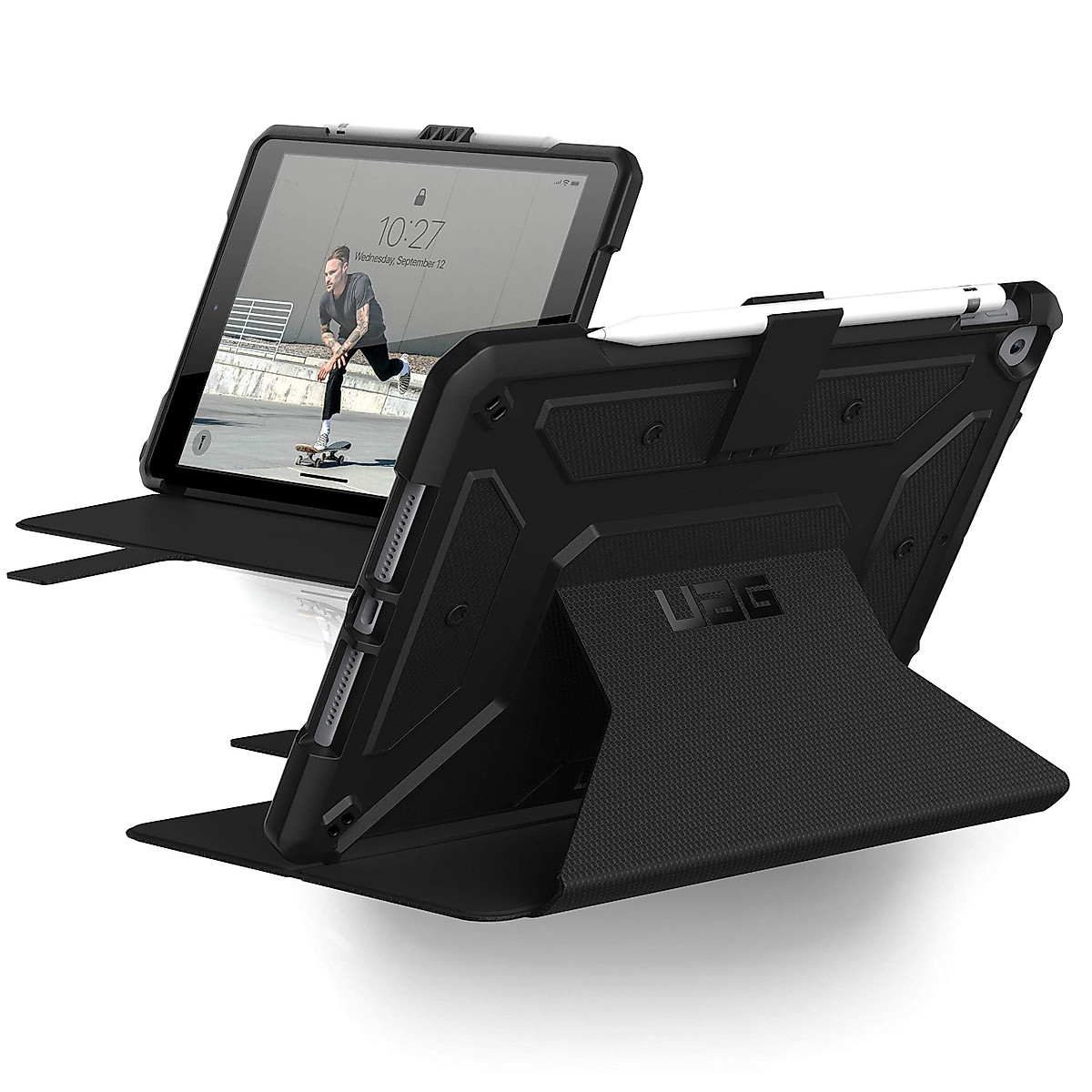 URBAN ARMOR GEAR UAG Designed for iPad 10.2 Case Black, 9th Generation 2021, 8th Gen 2020, Rugged Heavy Duty Protective Durable Folio Cover & Kick Stand, w/Pencil Stylus Holder, Metropolis Series