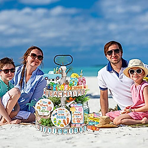 31 Pcs Summer Hawaii Tiered Tray Decor Beach Summer Farmhouse Decor Wood Rustic Beach Tiered Tray Decorations Coastal Summer Wooden Sign with Slippers Sunshine for Kitchen Table Shelf Home Party