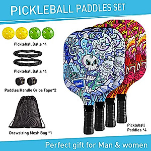 Pickleball Paddles Set of 4, Ornate Skull Pattern Pickleball Rackets with 4 Premium Wood Paddles & 4 Pickleballs & 2 Handle Grips Tape & 2 Pickleball Belts & Carry Bag for Beginners Men Women Adults