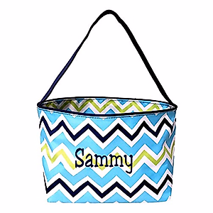 Zig Zag Chevron Material Easter Basket Bucket for Toys Egg Hunting Party (Blue Chevron with Embroidered Name)