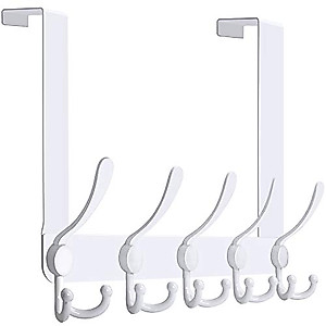 WEBI Over The Door Hook Door Hanger Hook Rack with 5 Tri Hooks for Hanging Coats, Over The Door Towel Rack Towel Hanger Door Coat Hanger Over Door Coat Rack for Bathroom,Behind Back of Door,White