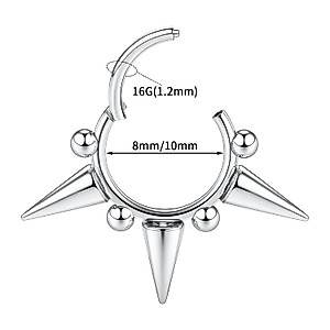 FUNLMO Spike Septum Clicker Rings 316L Daith Earrings Septum Jewelry 16G Hinged Segment Seamless Clicker Nose Hoop Ring Silver Snug Tragus Cartilage Helix Rook Lobe Earrings Conch Hoop Ring 8mm