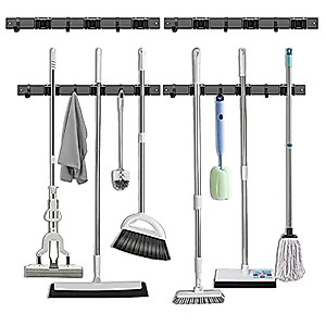 2 Pack 16'' Broom and Mop Holder Wall Mount with Movable Sliding 3 Racks 3 Hooks, Storage Organizer Wall Hanger, Cleaning Tool Hanging Grippers for Kitchen Bathroom Garden Garage Laundry Home Closet
