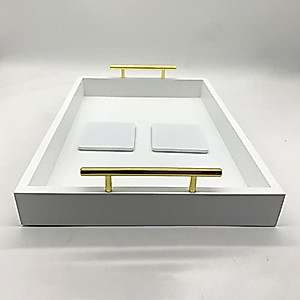 Simoei Serving Tray, Deluxe Tray for Coffee Table with Polished Gold Metal Handles and 2 Coasters, Living Room Bathroom Organizer Modern Decorative Tray, for Storage Or Display (White)