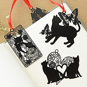 yueton Pack of 9 Creative Black Cat Metal Bookmark with Red Strap