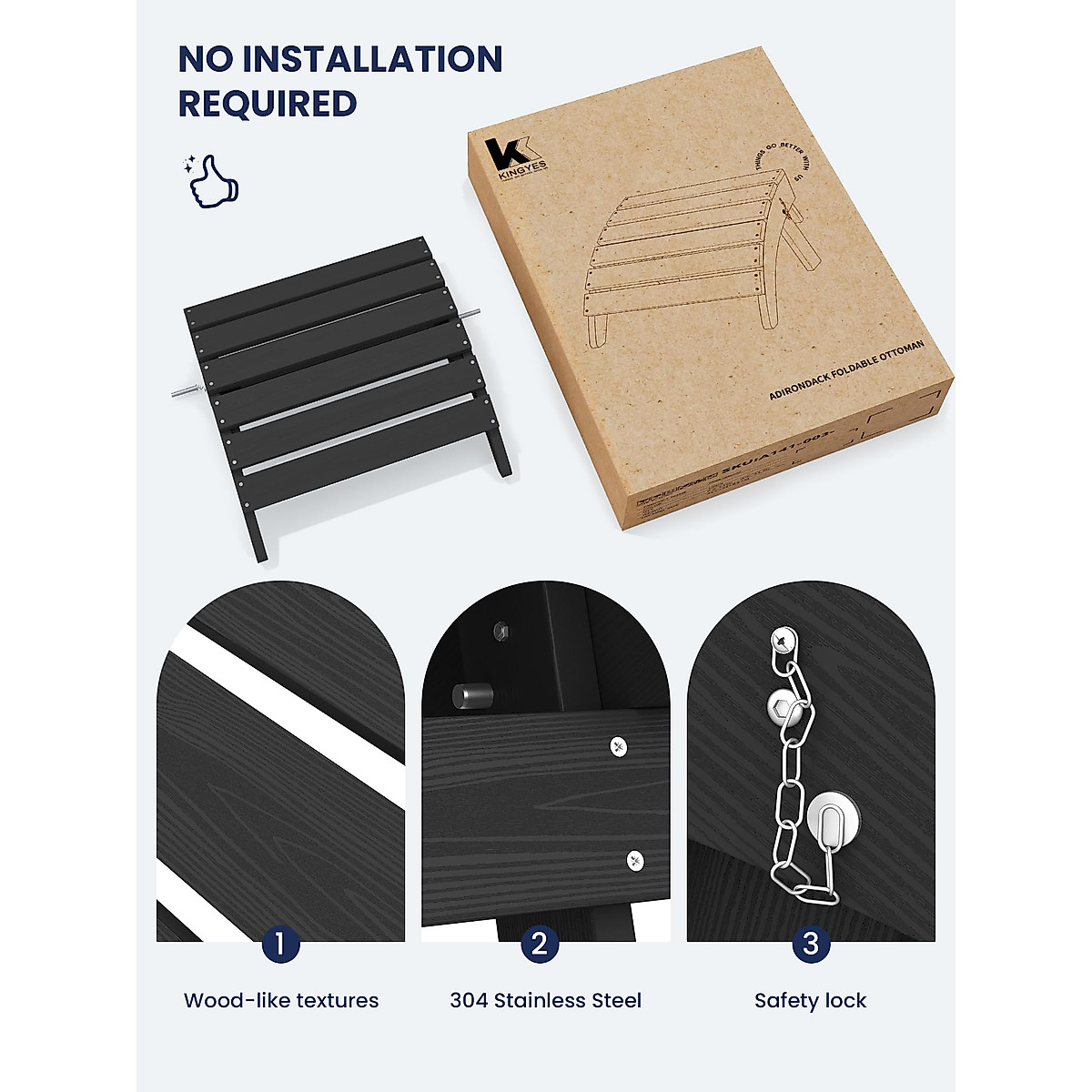 KINGYES Folding Adirondack Ottoman for Adirondack Chair, Black