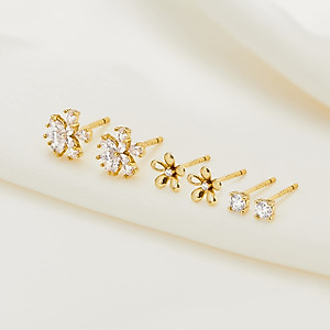 925 Sterling Silver Post Flowers Stud Earrings 14k Gold Plated 3 Pair Earrings Set for Women Hypoallergenic Cubic Zirconia Tiny Snowflake Earring for Girl