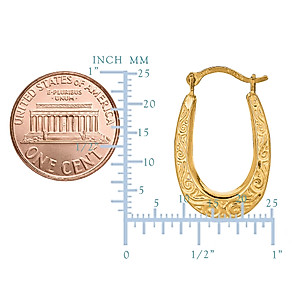 10k Yellow Gold Shiny Swirl Design Oval Hoop Earrings, Length 20mm
