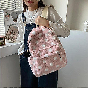 Fuvtory Kawaii Cute Aesthetic Fuzzy Fluffy Plush Sherpa Fleece Dot Backpack Rucksack Daypack School Teen Girls Children Women (pink)