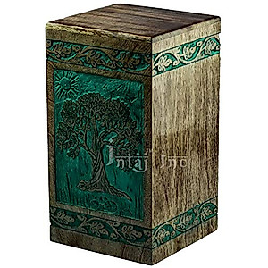 INTAJ Cremation Urn for Human Ashes - Wooden Urn Box for Ashes Handcrafted - Tree of Life Memorial Urn Funeral Cremation Urns (L(11.25x6.25) 250Cu, Teal Green)