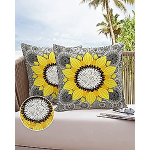 Pack of 2 Outdoor Waterproof Pillow Covers 20x20 inch Mandala and Sunflower Flower Geometry Pattern Throw Pillow Covers Decorative Cushion Covers for Patio Garden Tent
