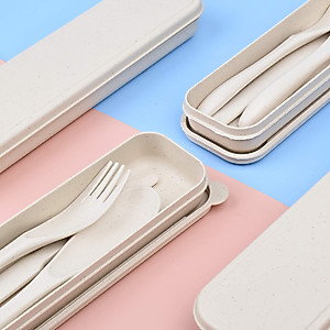 4 Pack Travel Utensil Set with Case, Wheat Straw Reusable Spoon Knife Forks Tableware, Portable Cutlery for Adult Travel Picnic Camping or Birthday, Anniversary Use (Beige)