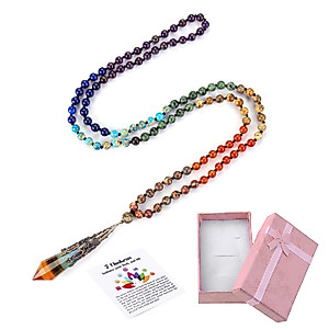 GEHECRST Natural 7 Chakra 108 Mala Prayer Beads Necklace with Reiki 12 Faceted Healing Crystal Pointed Pendant Multilayer 6mm Gemstones Beads Bracelet Mens Women Jewelry for Meditation, Protection
