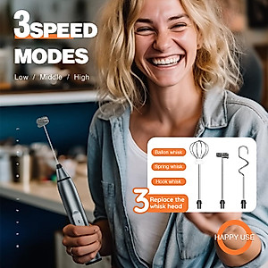 Milk Frother Rechargeable Handheld Electric Whisk Coffee Frother Mixer with 3 Stainless whisks 3 Speed Adjustable Foam Maker Blender for Coffee Matcha Latte Cappuccino Hot Chocolate(Classic Silver)