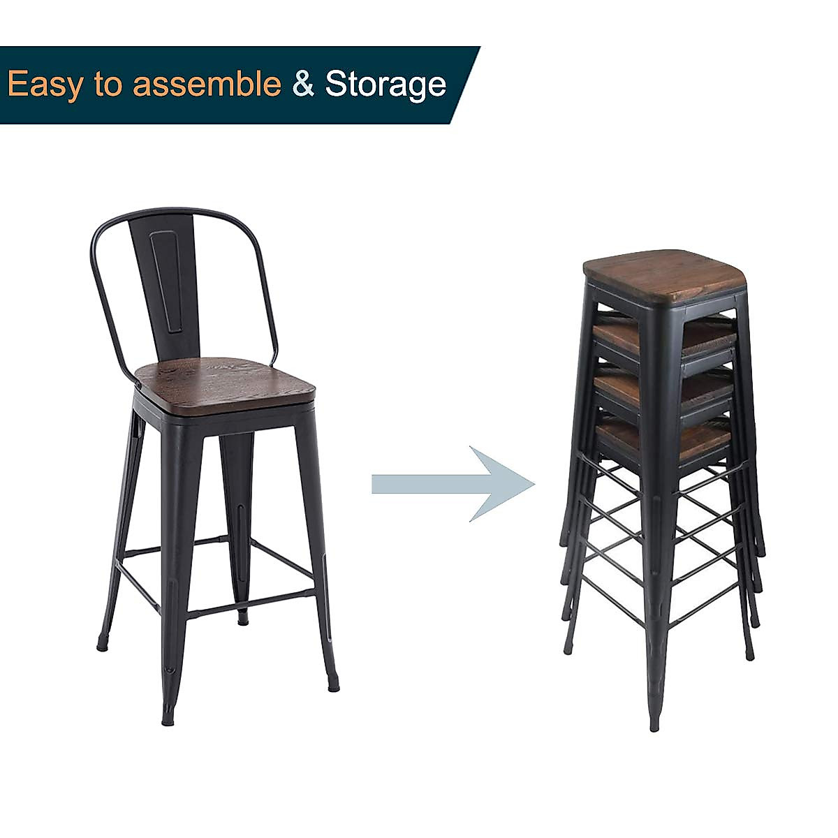 Alunaune 30" Swivel Metal Bar Stools Set of 4 High Back Counter Height Barstools Industrial Dining Bar Chairs with Large Wooden Seat-Matte Black