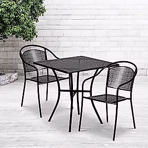 Flash Furniture Commercial Grade 28" Square Black Indoor-Outdoor Steel Patio Table Set with 2 Round Back Chairs