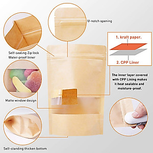 LZLPACKING Kraft Stand Up Pouches bags 100 Pcs,Brown Resealable Bags with Window for Home or Business,Coffee Bags,Zip Lock Food Storage Bags,Sealable Bags for Packaging(5.9×8.6)