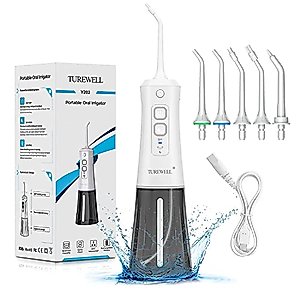 TUREWELL Water Flosser Cordless, Oral Irrigator for Teeth, Portable Waterpick with DIY Mode and 3 Replacement Jets, IPX7 Waterproof Electric Dental Flosser for Travel/Home/Braces (White)