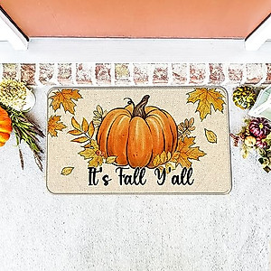 Tailus It's Fall Y'all Pumpkin Patch Kitchen Rugs Set of 2, Autumn Maple Leaves Kitchen Mats Decor, Teal Farmhouse Thanksgiving Floor Door Mat Home Decorations - 17x29 and 17x47 Inch