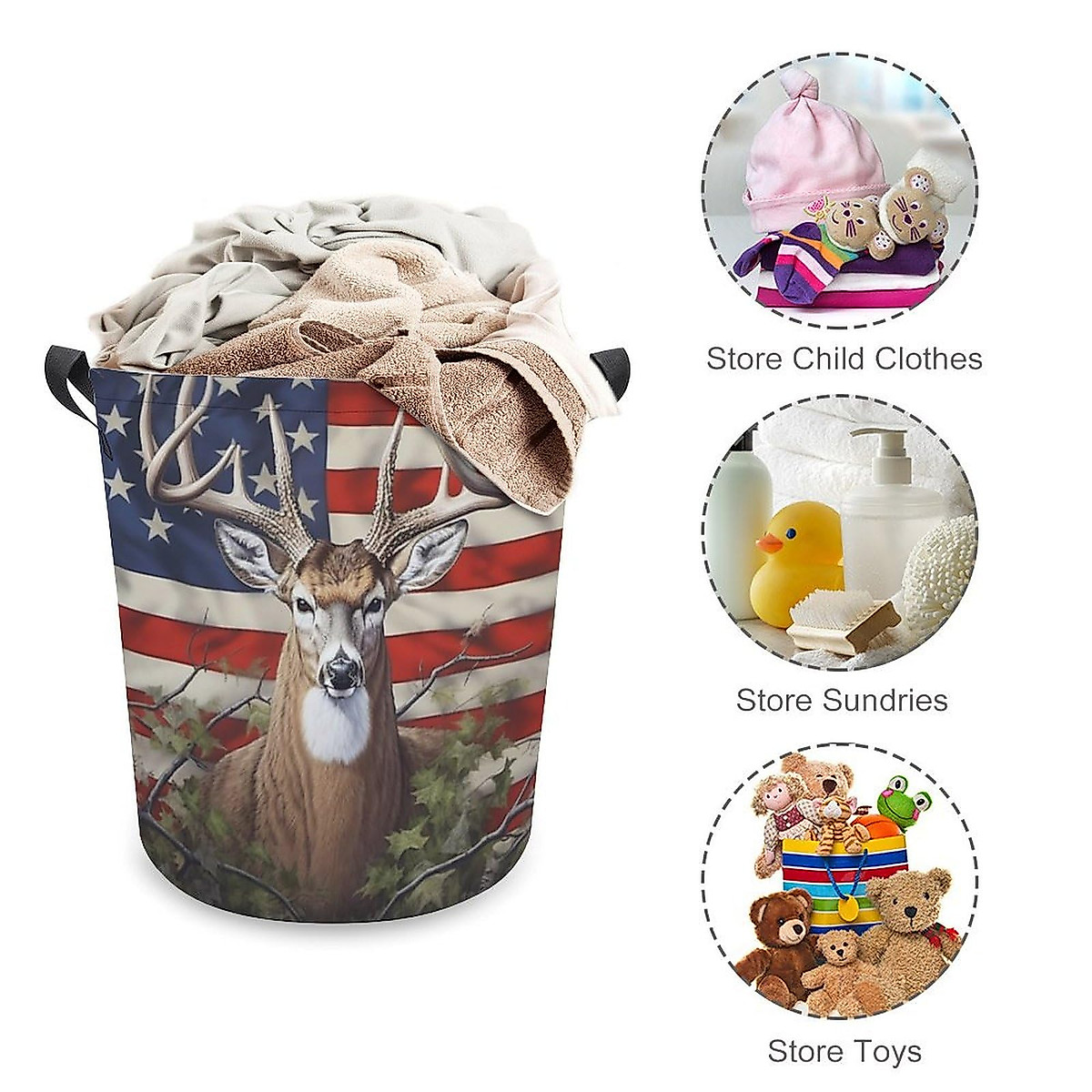 American Deer Flag Laundry Basket Hamper Bag Dirty Clothes Storage Bin Waterproof Foldable Toy Organizer for Bedroom Clothes Toys Basket
