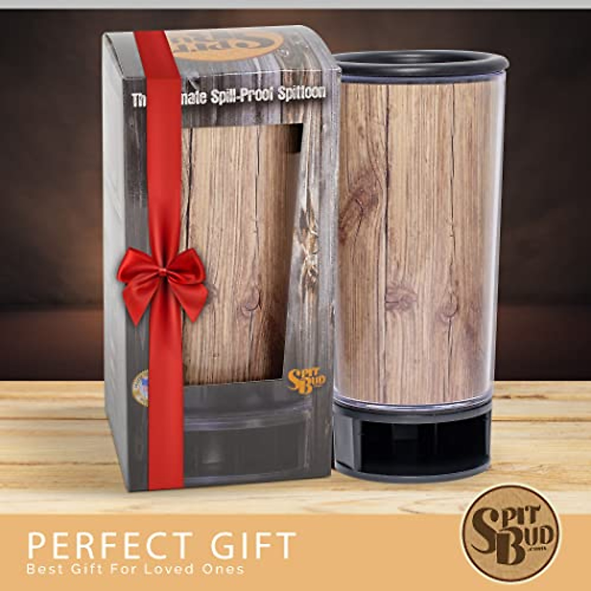 Wood Grain by Spit Bud - The Ultimate Spittoon for Chew - Portable Dip & Snuff Cup with Lid, Pop Tab, Spill-Proof Funnel, Can Cutter & Holder - Fit in Cup Holders - Holds 8oz - Made in USA