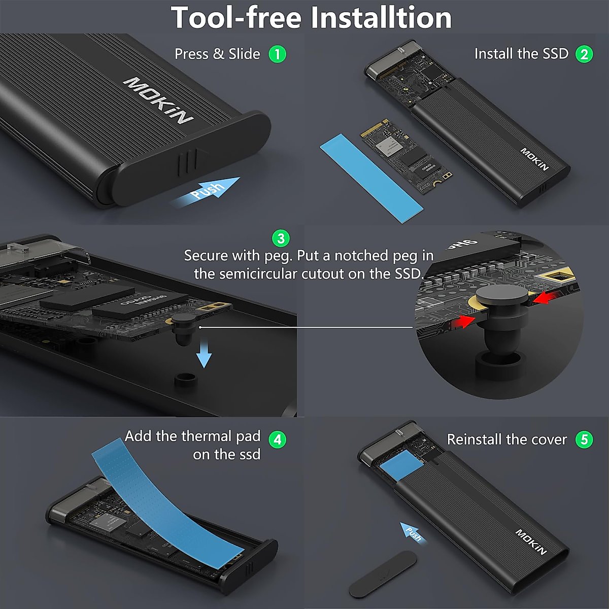 MOKiN M.2 NVMe SATA SSD Enclosure Adapter Tool-Free,USB C 3.2 Gen 2 10Gbps M.2 NVMe,6Gbps SATA PCIe M-Key(B+M Key), NVMe M.2 Enclosure Support UASP Trim for 2242/2260/2280 SSD