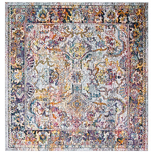 SAFAVIEH Crystal Collection Area Rug - 7' Square, Light Blue & Orange, Boho Chic Oriental Distressed Design, Non-Shedding & Easy Care, Ideal for High Traffic Areas in Living Room, Bedroom (CRS504A)