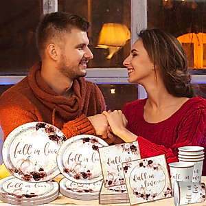 GREHUMOR 80pcs Fall Place Setting, Includes Disposable Tableware with Burgundy Flowers & Pumpkin Design, for Bridal Shower, Engagement, Anniversary, Autumn Themed Events