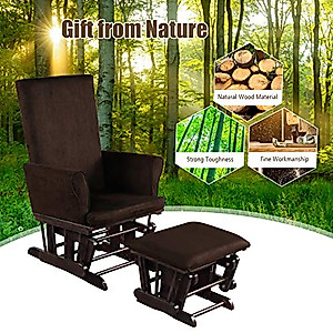 Costzon Baby Glider and Ottoman Cushion Set, Wood Baby Rocker Nursery Furniture for Napping, Nursing, Reading, Upholstered Hoop Glider & Ottoman Comfort Nursery Chair w/Padded Armrests (Brown)