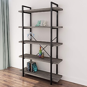 45MinST 5-Tier Vintage Industrial Style Bookcase/Metal and Wood Bookshelf Furniture for Collection, Gray Oak, 3/4/5 Tier (5-Tier)