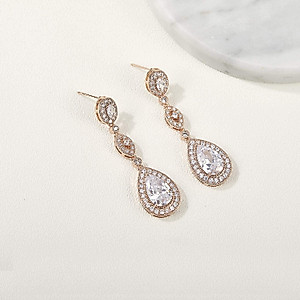 SWEETV Rose Gold Wedding Tiara Earrings Jewelry Set for Women & Girls - Bridal Tiara & Dangle Earrings with Rhinestones