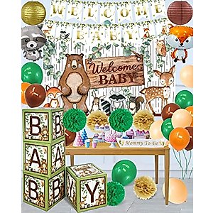 Woodland Animals Baby Shower Decorations- Gender Neutral Baby Shower Boxes Blocks Decorations with Welcome Baby Backdrop and Woodland Creatures Party Balloons Set