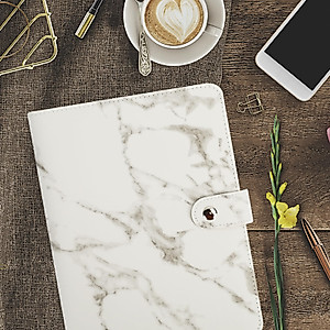 Colorlife A5 PU Leather Binder 6-Ring Notebook Binder with Refill Paper and Magnetic Buckle for 6 Hole A5 Filler Paper-Marbling White