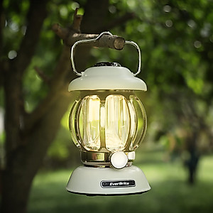 EverBrite Camping Lantern Rechargeable, Retro Metal Camping Light, 4400mAh Battery Powered Hanging Vintage Camping Lamp, 3 Light Modes, Outdoor Tent Light, Emergency Lantern for Power Outage - White