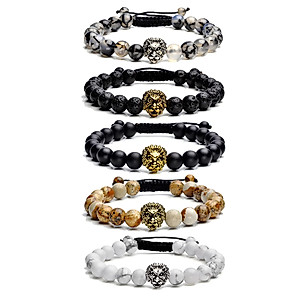 Jovivi 5 Pcs 8mm Handmade Natural Stone Bead Bracelets for Men Women Adjustable Lava Rock/Matte Agate/Picture/Dragonstone Lion Head Gemstone Beaded Bracelet Set Essential Oil Anxiety Jewelry