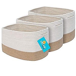 OrganiHaus Storage Baskets for Shelves Set of 3 | Woven Baskets for Storage | Cotton Rope Storage Baskets | Decorative Baskets for Storage | Cotton Rope Baskets for Storage | Book Basket - Honey