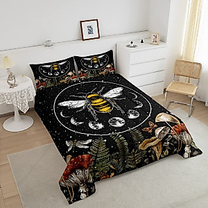 Erosebridal Boho Bee Bedding King Moon Print Comforter Set Wild Fungus Bedding Comforters & Sets Chic Wildlife Duvet Set Mushroom Green Leaves Quilt Set Animal and Botanical Theme Home Decor, Black
