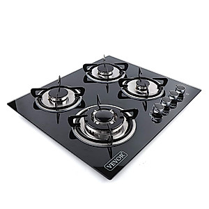 23.3 inches Built in Gas Cooktop 4 Burners Gas Stove Glass Cooktop Tempered Gas Hob With Liquid Propane Conversion Kit Stove Burner Cast Iron Grate Stove-Top LPG/NG Dual Fuel Thermocouple Protection