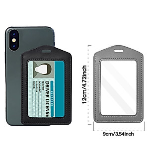 Vin Beauty 2 Pack Genuine Leather ID Badge Holders, Vertical ID Card Holders with Double-Side Clear Window, Waterproof Name Badge Holde Suit for Office, Staff, Students, Employees