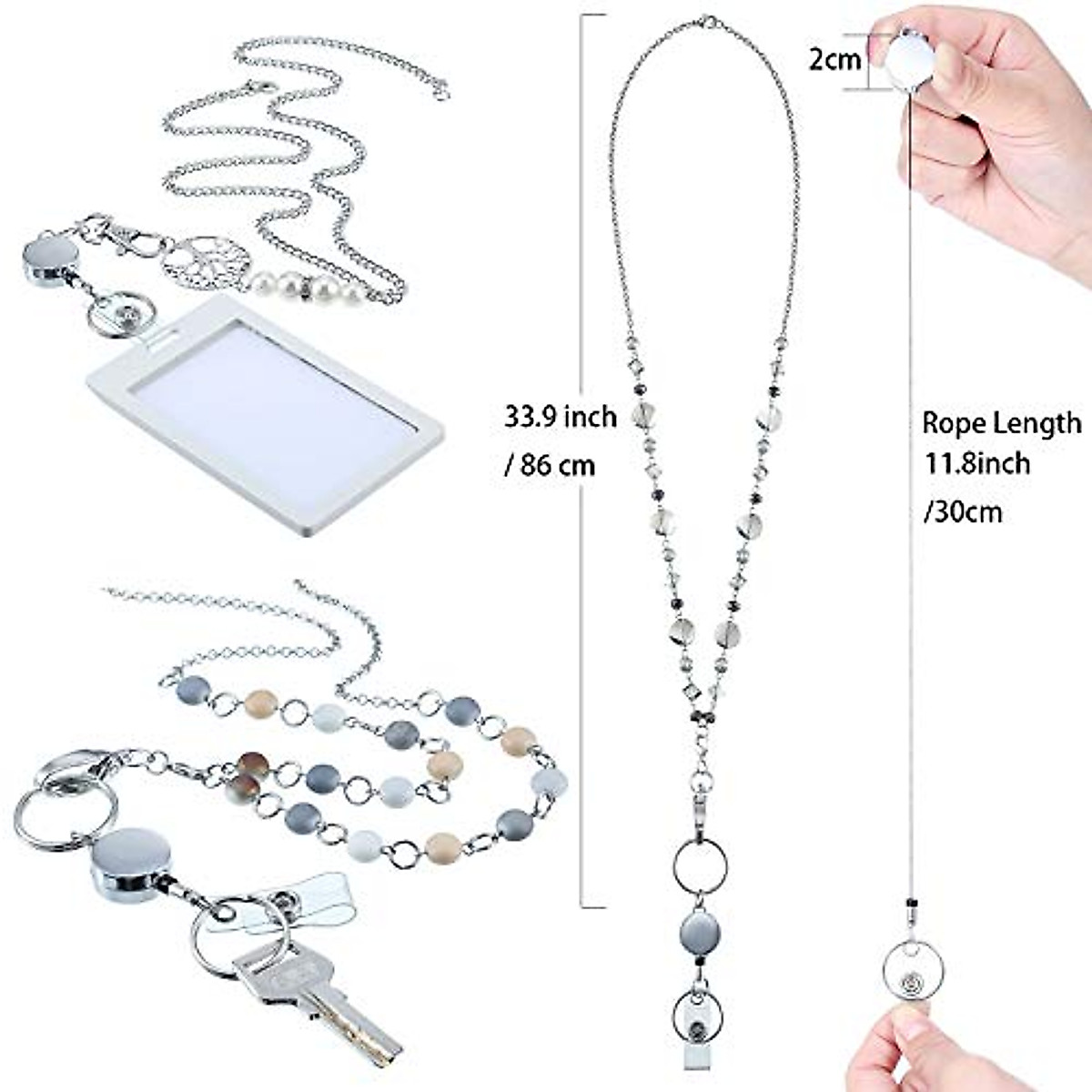 3 Pieces ID Badge Lanyard Necklace with ID Holder Clip Stainless Steel Beaded Chain Retractable Badge Reel Valentine Present (Chic Style)