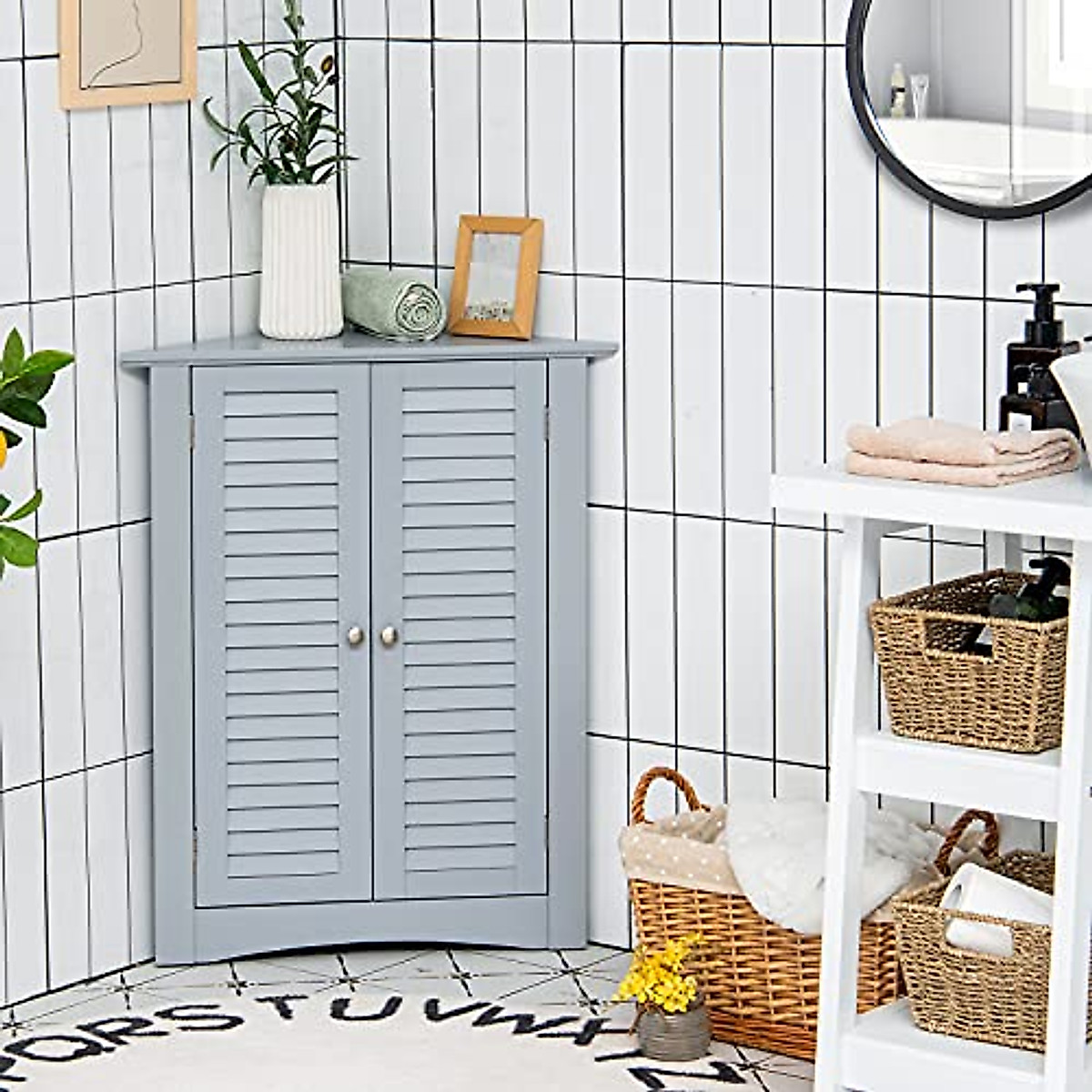 Tangkula Bathroom Corner Cabinet, Corner Storage Cabinet with Double Shutter Doors & Adjustable Shelf, Freestanding Floor Cabinet for Bathroom Living Room Kitchen, 13 x 25.5 x 31.5 Inch (Grey)