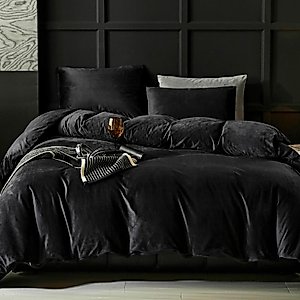 WARMDERN Black Velvet Duvet Cover King Size Flannel Duvet Cover Bedding Sets, 3pcs Ultra Soft Luxury Textured Modern Crystal Velvet Duvet Covers with Zipper Closure(Black, King)