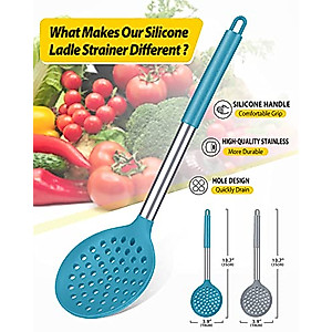 Kitchen Ladle Strainer Set of 2 Large Slotted Spoon with High Heat Resistant BPA Free Non Stick Cooking Skimmers For Draining & Frying (Grey and Teal Blue)