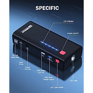 GOOLOO Jump Starter GE1200 2000A Peak Portable Jump Starter Battery Pack for Up to 8.0L Gas or 6.0L Diesel Engine with USB Quick Charge and LED Light, SuperSafe 12V Lithium Car Starter