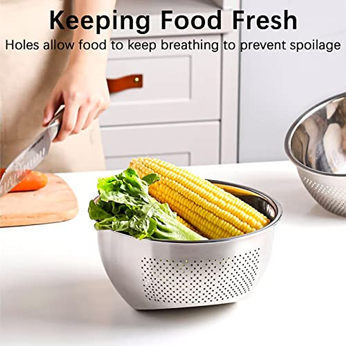 Joyoldelf Stainless Steel Rice Washing Bowl, Versatile 3-In-1 Colander and Kitchen Strainer with Side Drainers for Rice, Vegetables & Fruit
