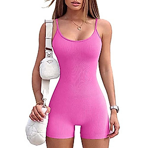 OQQ Women's Yoga One Piece Ribbed Spaghetti Strap Exercise Romper, Rose, Small