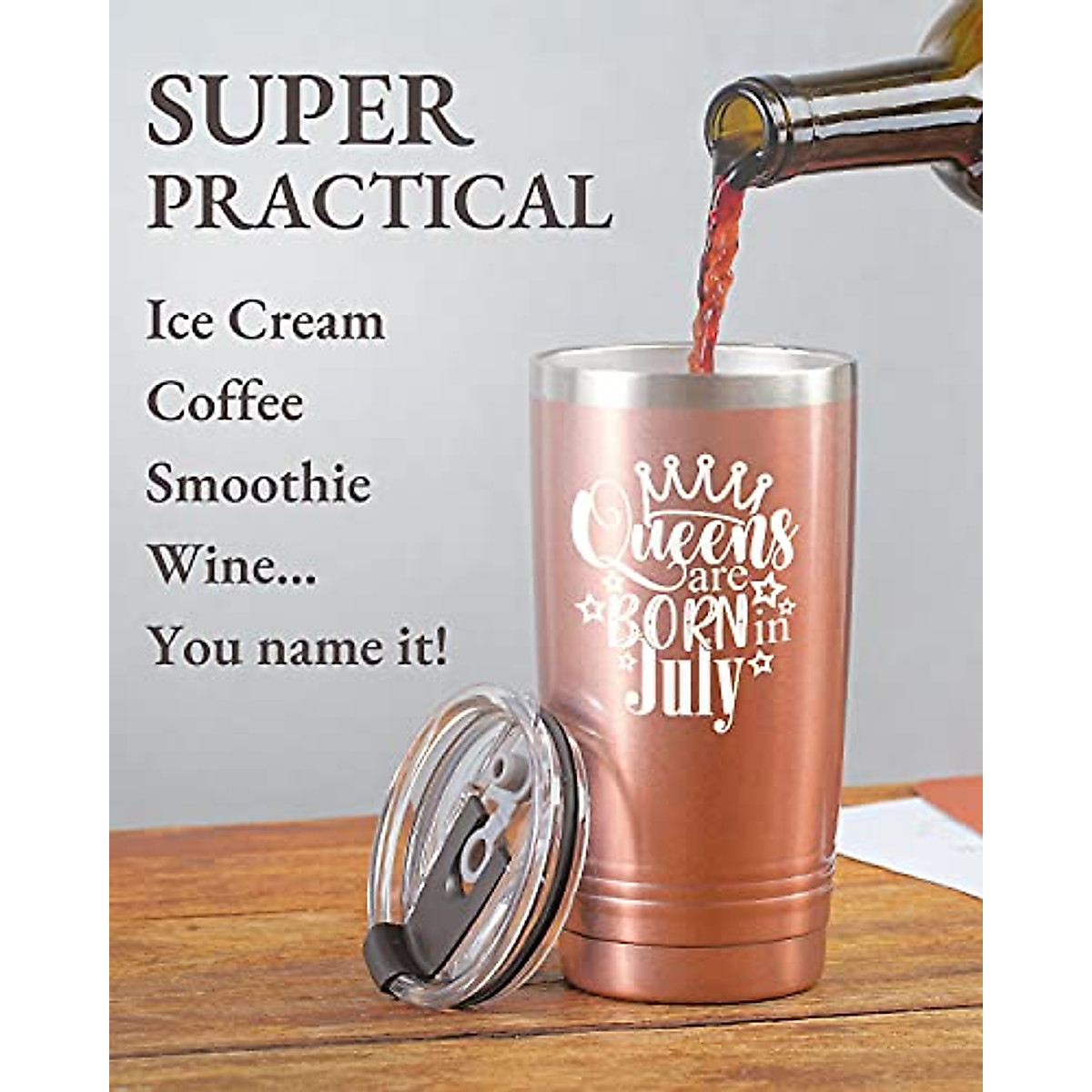 Onebttl Happy Birthday Tumbler for Women, Funny Birthday Gifts for Her, Girlfriend, Friends, Wife, Mom, Daughter, Sister, 20 oz Stainless Steel Cup with Lid, Rose Gold, Queens are Born in July